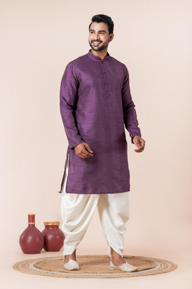 Men's Purple Embroidery Silk Kurta Dhoti Set – Trendia