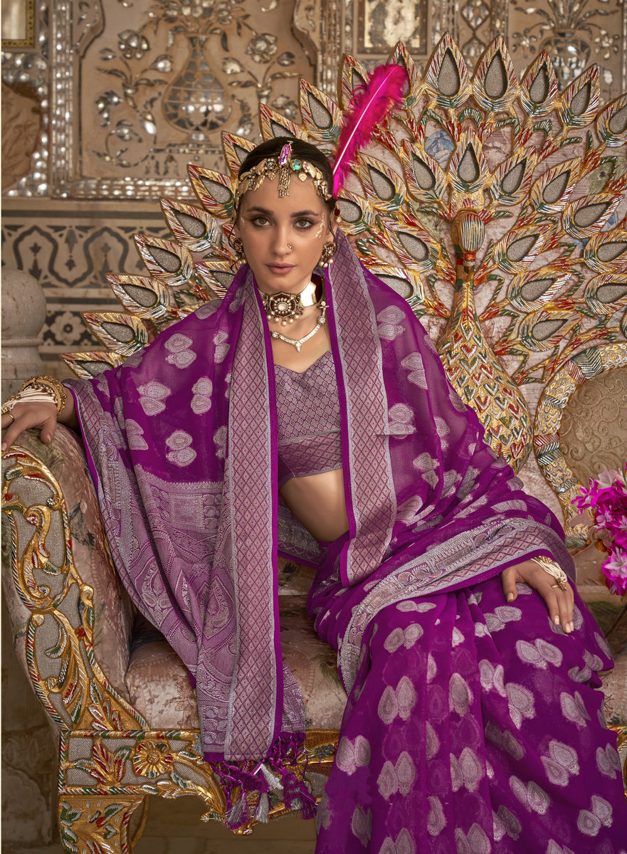 Women's Purple Twp Georgette Weaving Buta Border Pallu With Premier Co ...