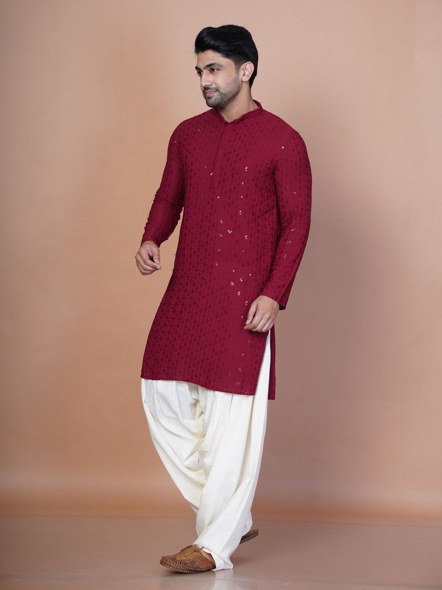 Men's Red Cotton Blend Embroidery A Line Kurta – Trendia