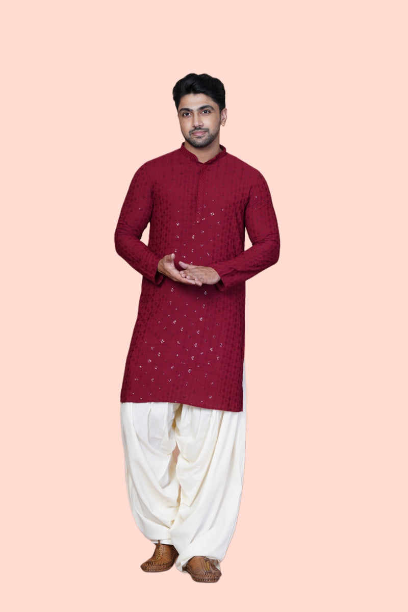 Men's Red Cotton Blend Embroidery A Line Kurta Set – Trendia