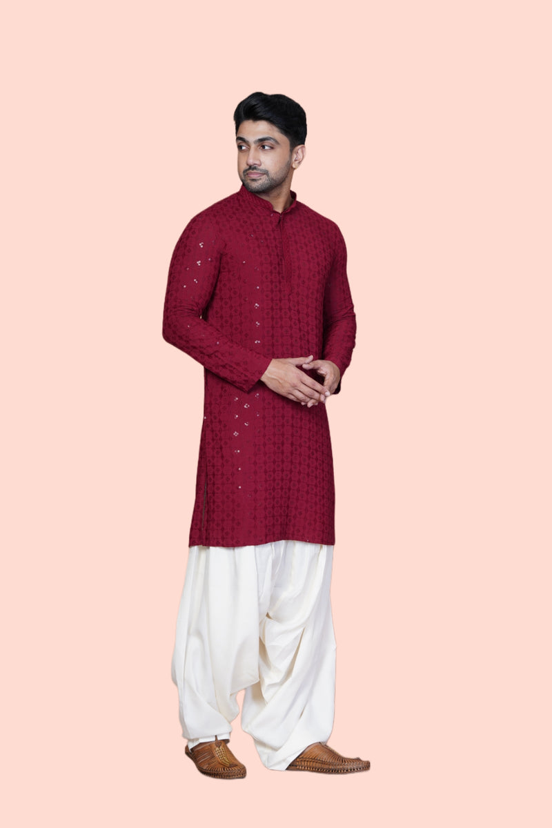Men's Red Cotton Blend Embroidery A Line Kurta Set – Trendia