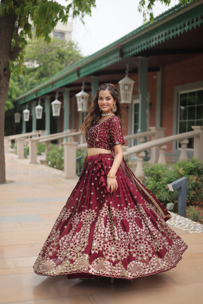 Women's Maroon Rangoli Silk Work :Embroidery Lehenga Set - Creation By ...