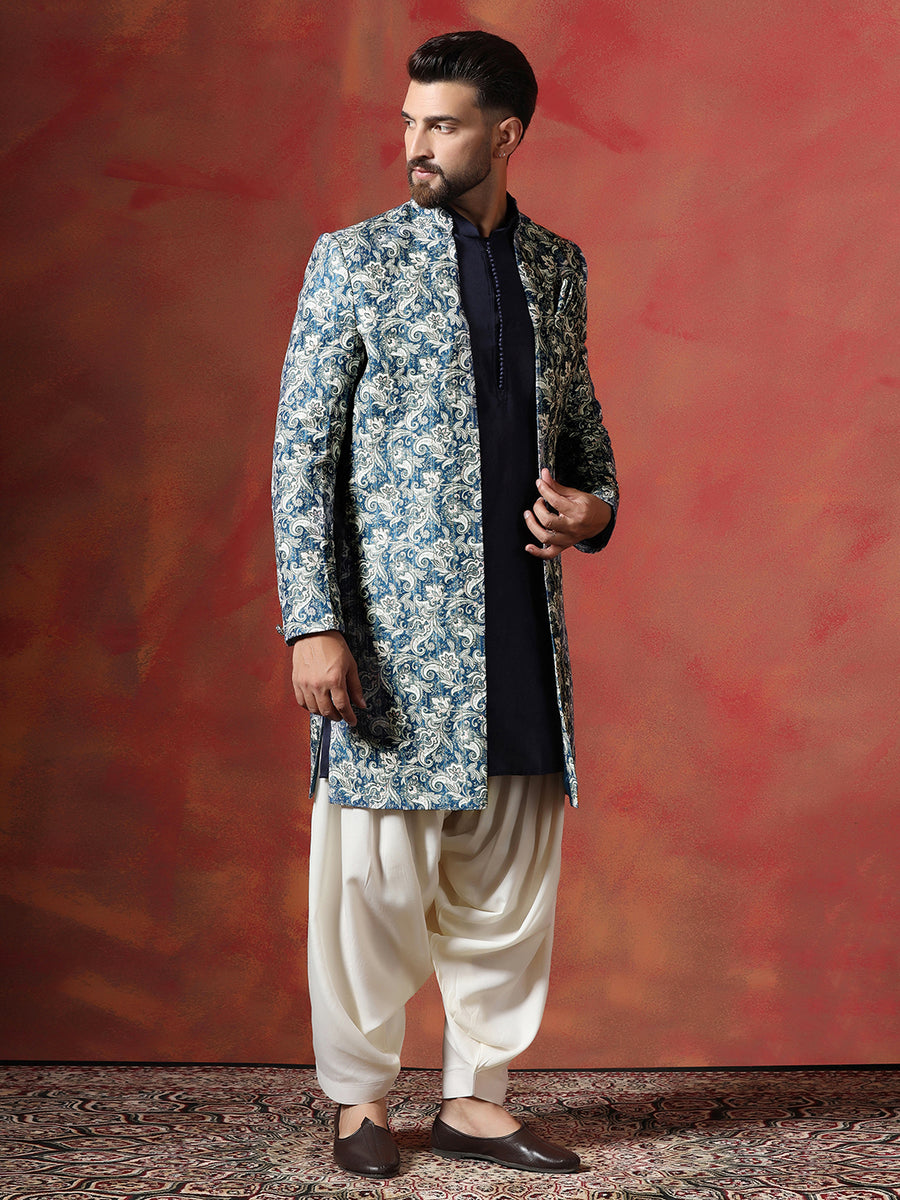 Men's Blue Cotton Blend Kurta Sherwani Patiala With Paisley Print – Trendia