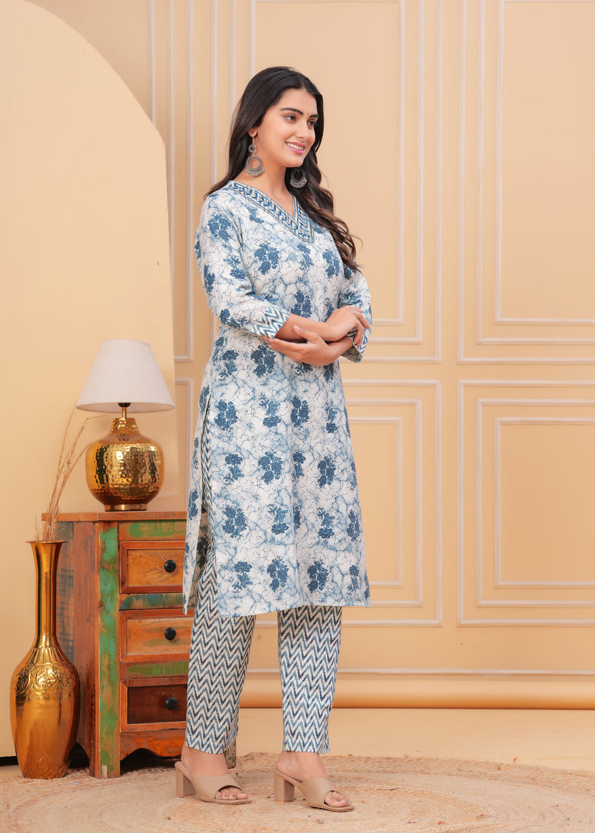 Women's Cotton Printed Straight Kurta Set (Blue) – Trendia