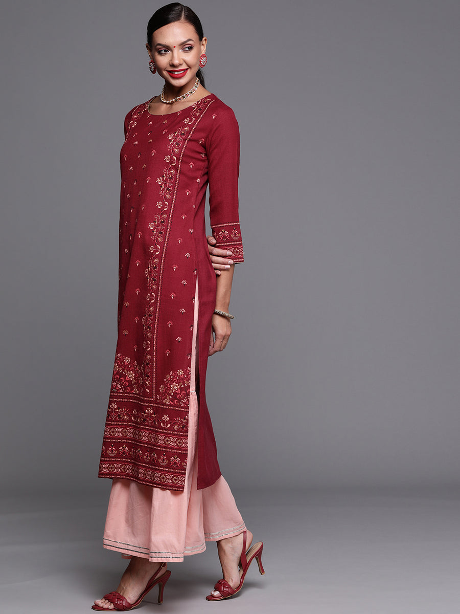 Women's Maroon Foil Printed Straight Kurtas – Trendia