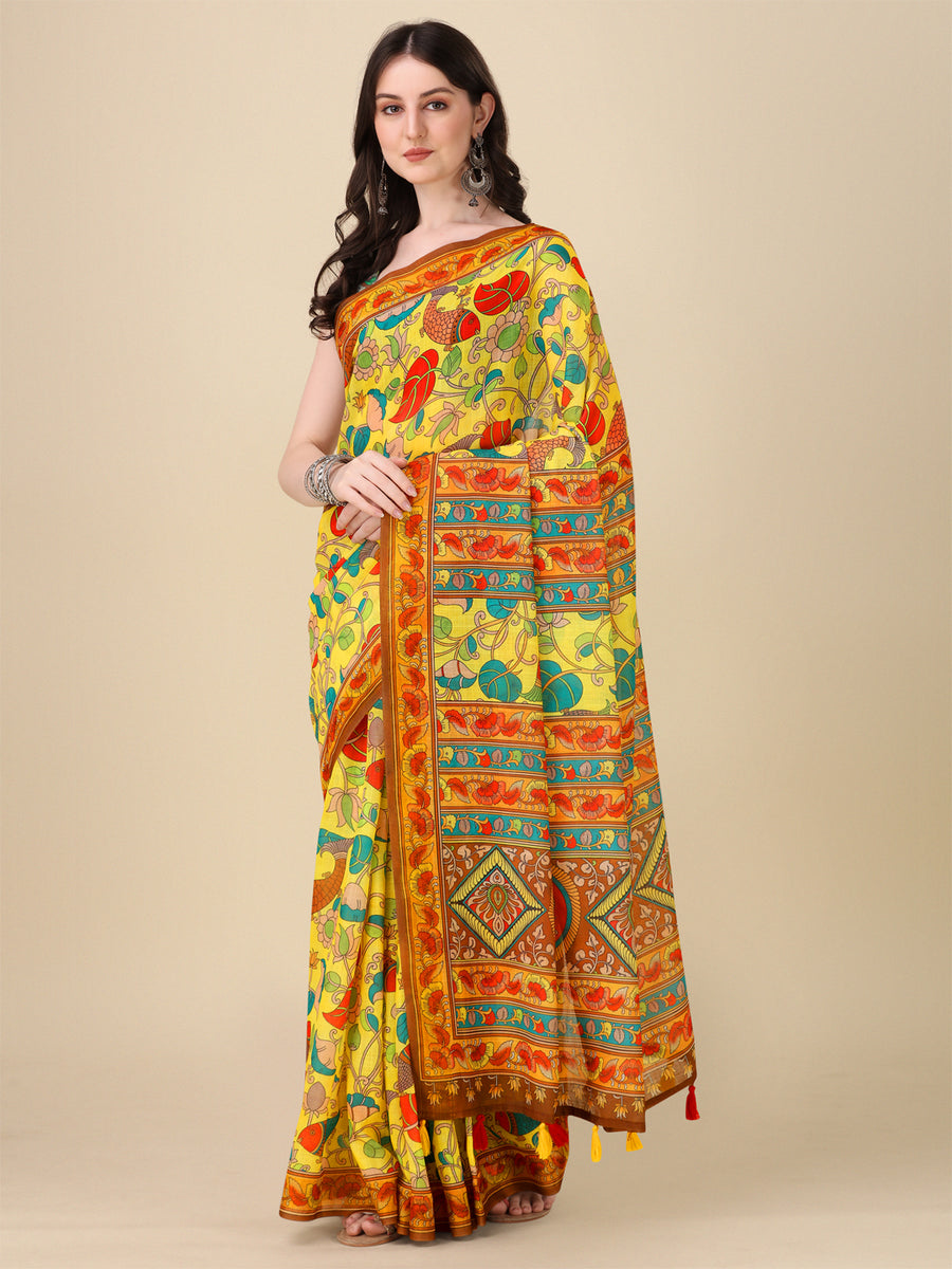 Women's Yellow Lilen Cotton Saree - Kaizen Texo Fab – Trendia