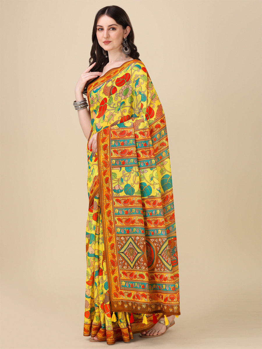 Women's Yellow Lilen Cotton Saree - Kaizen Texo Fab – Trendia