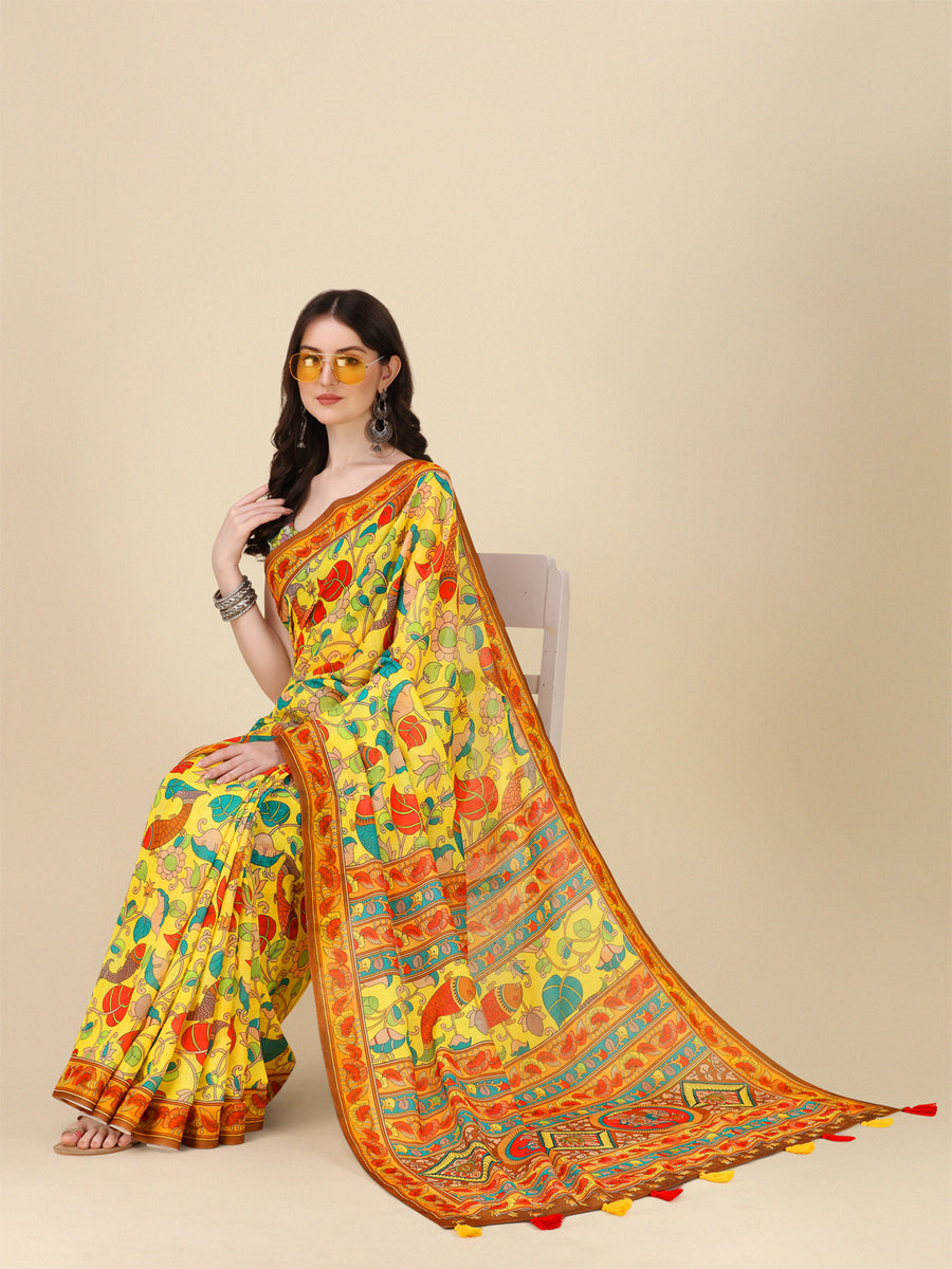 Women's Yellow Lilen Cotton Saree - Kaizen Texo Fab – Trendia
