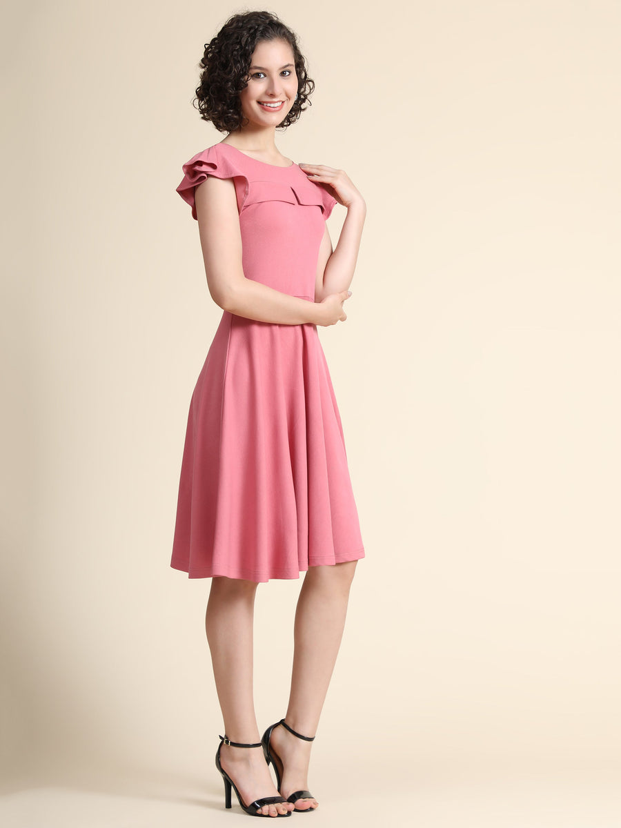 Women's Baby Pink Lycra Solid Fit & Flared Western Dress – Trendia