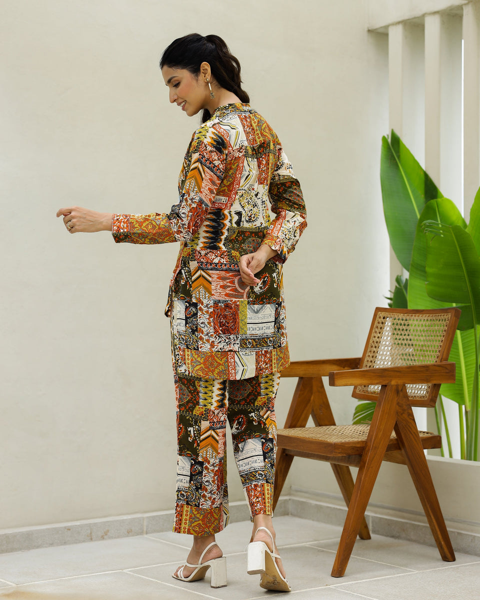 Women's Brown Cotton Printed Mandarin Collar Cord Set – Trendia
