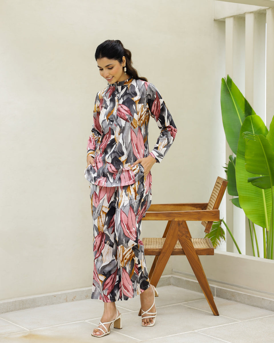 Women's Multi Cotton Printed Mandarin Collar Cord Set – Trendia