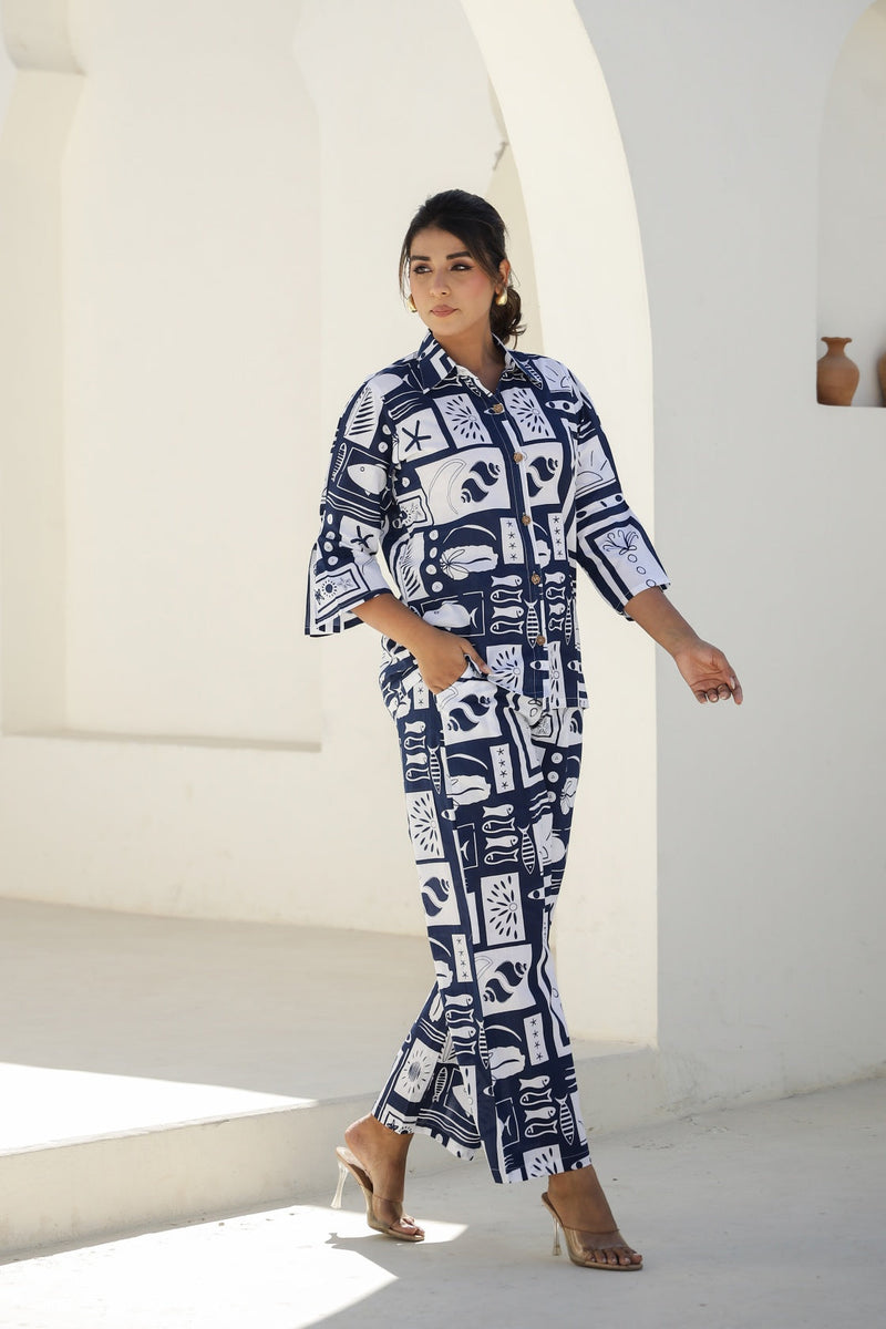 Women's Navy Blue Pure Cotton Printed Collar Cord Set – Trendia