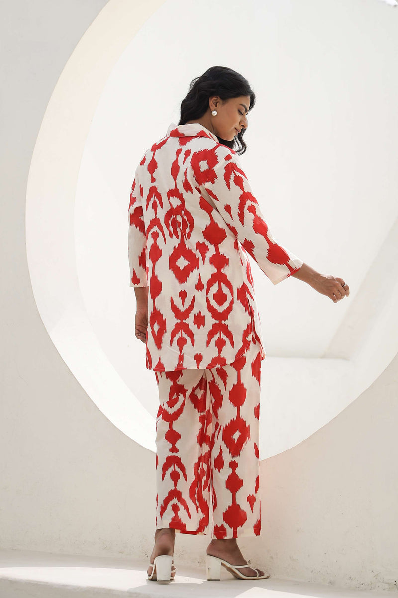 Women's Red Pure Cotton Printed Collar Cord Set – Trendia