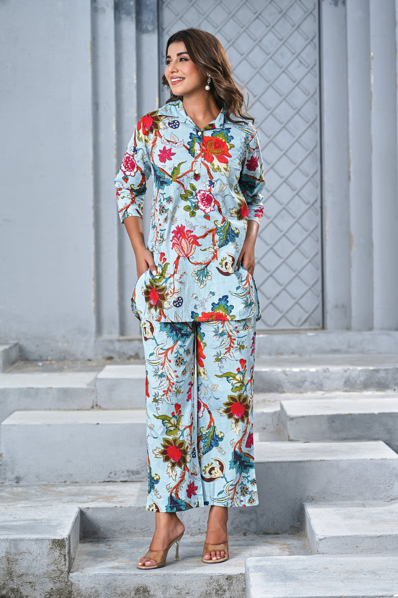 Women's Sky Blue Pure Cotton Printed Collar Cord Set – Trendia