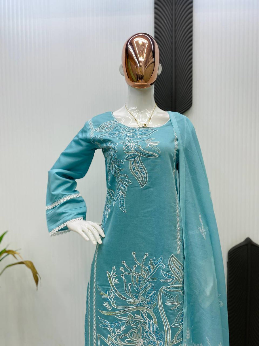 Women's Turquoise Roman Silk Embroidered With Sequins Palazzo Set – Trendia