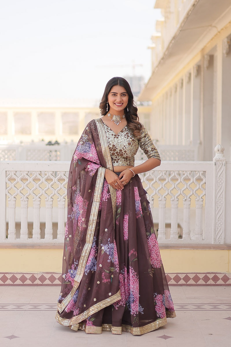 Women's Coffee Georgette Embroidery Lehenga Set – Trendia