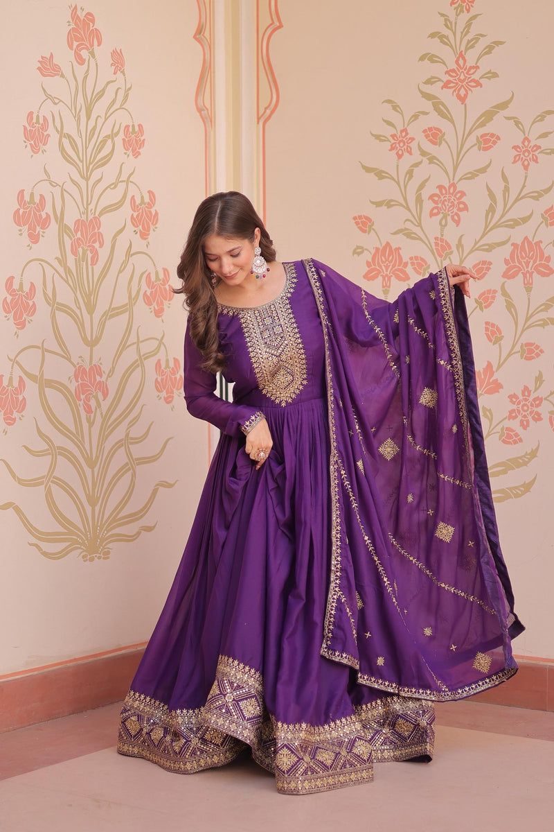 Women's Purple Georgette With Zari & Sequins Embroidered Work Gown Wit ...