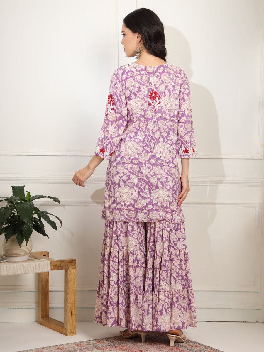 Women's Block Print With Chikankari Kurta And Sharara – Trendia