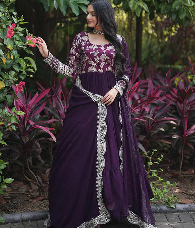 Women's Purple Fully Stiched Georgette Embroidered Anarkali Gown – Trendia
