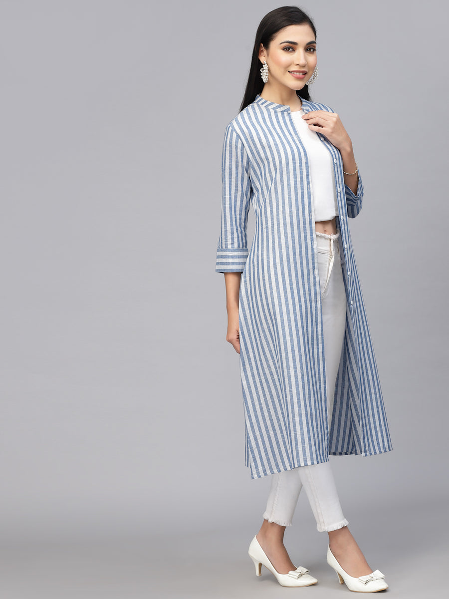 Women's Cotton White Blue Self Design Calf Length, A-Line Shrug – Trendia