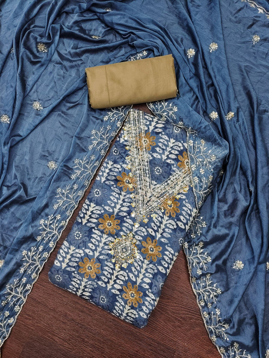 Women's Teal Jaam Print Handwork With Embroidery Worked V Shape Kurta ...