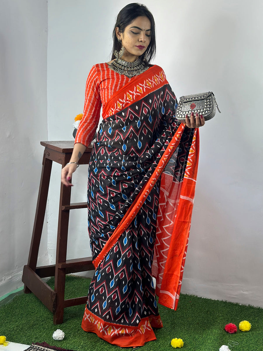 Women's Cotton Black Printed Designer Saree With Blouse Piece - Saree ...