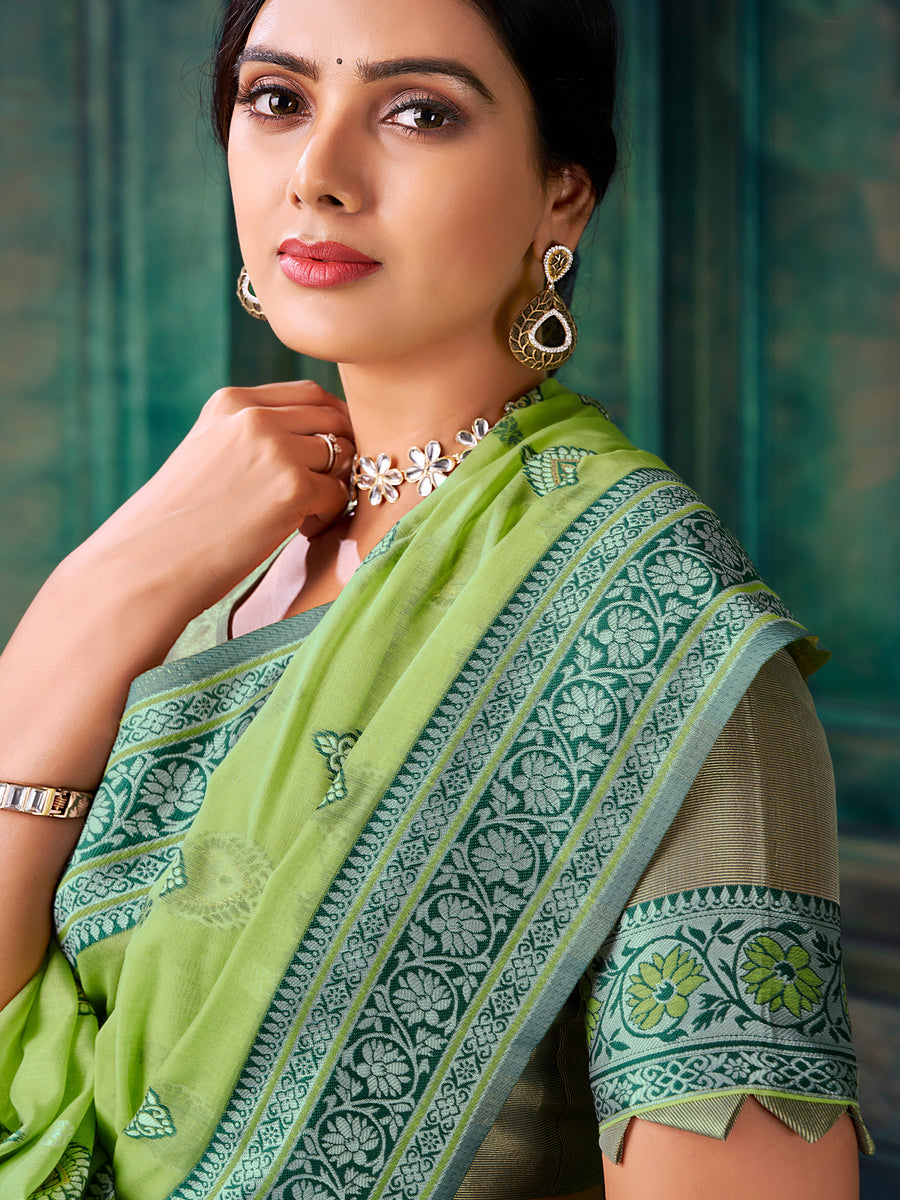 Women's Cotton Blend Light Green Woven Design Designer Saree With Blou ...