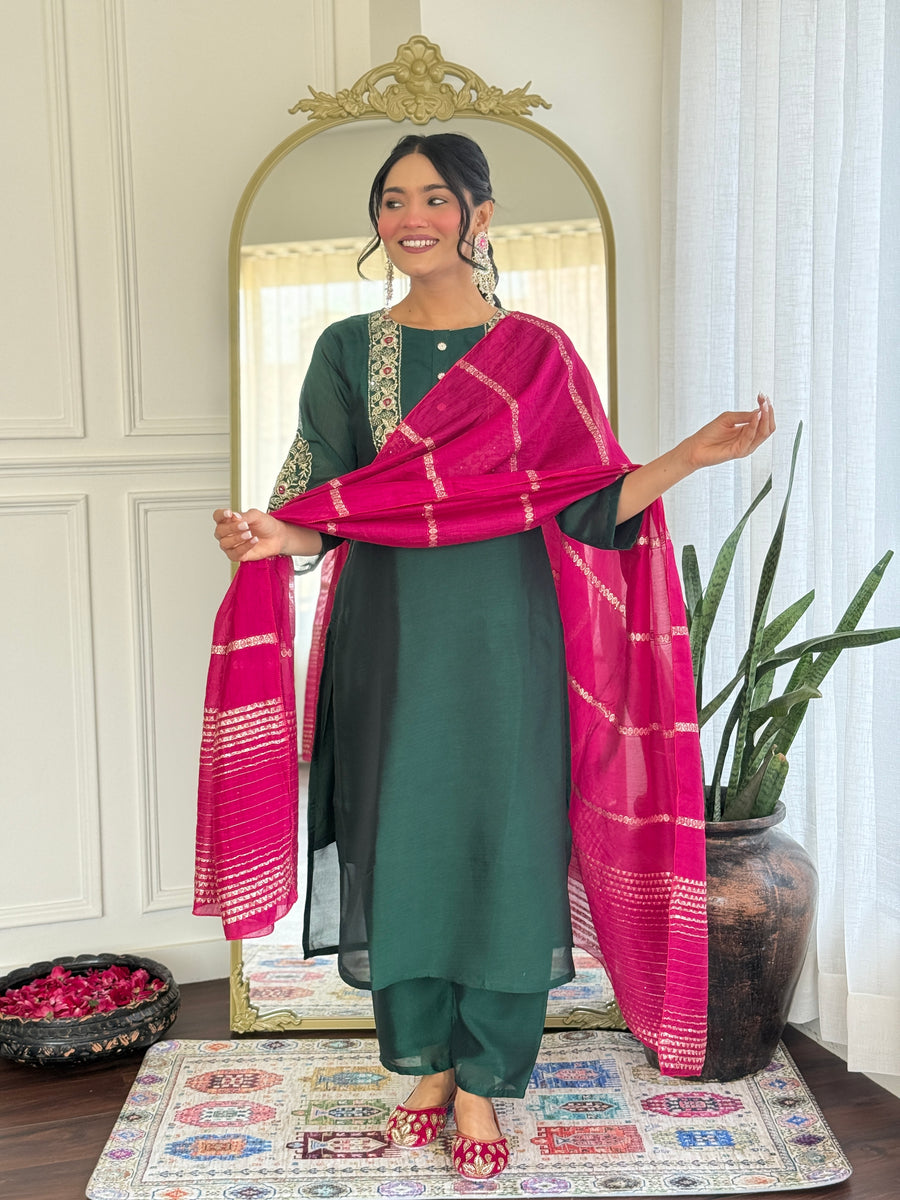 Women's Green Vichitra Silk Embroidered Straight Kurta Pant With Dupat ...