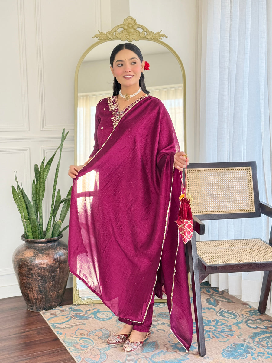 Women's Wine Cp Vichitra Embroidered Straight Kurta Pant With Dupatta ...