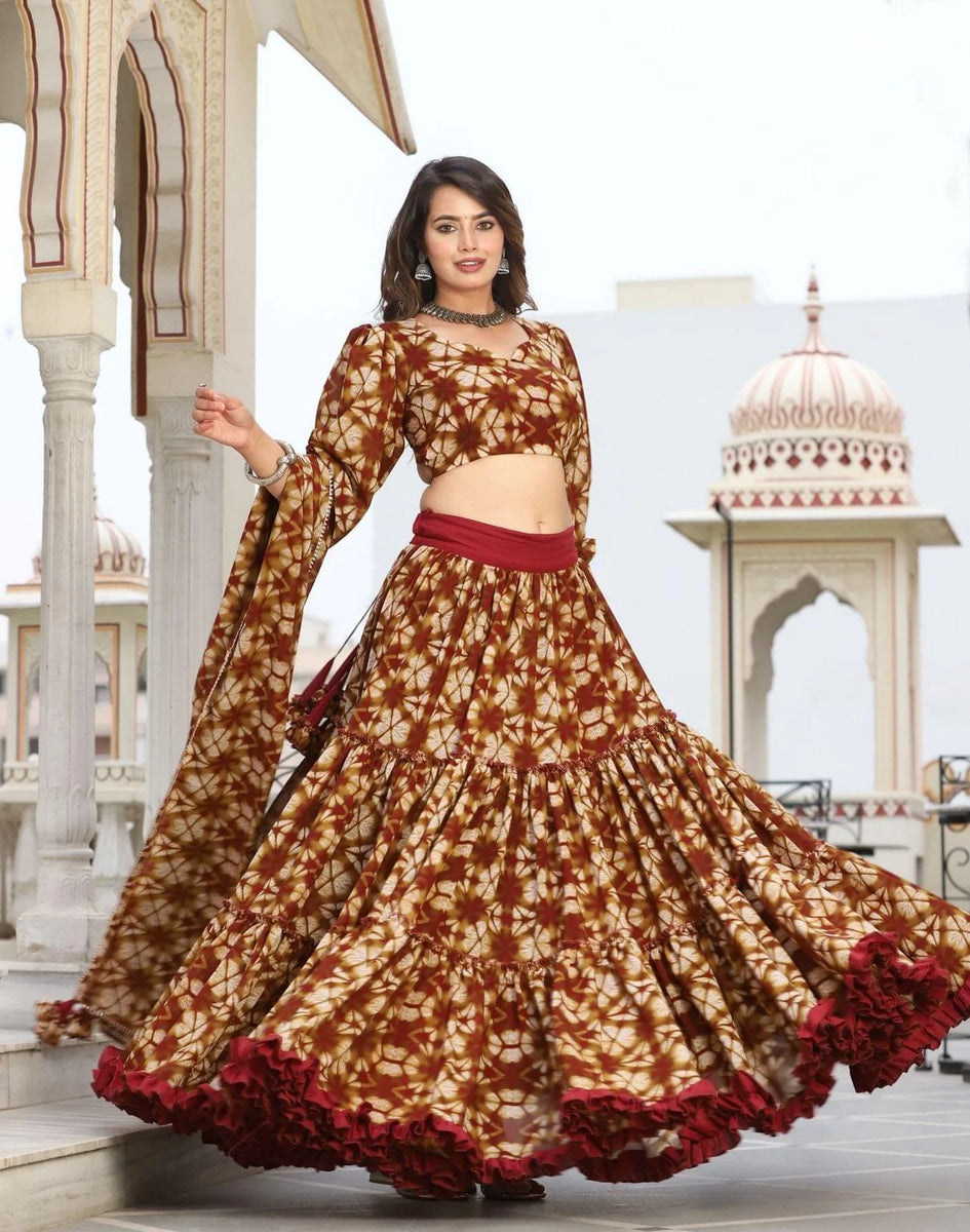 Women's Maroon Cosmos Tiered Lehenga – Trendia