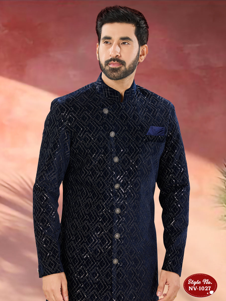 Men's Blue Velvet Thread And Sequence Embroidary All Over Indo Western ...