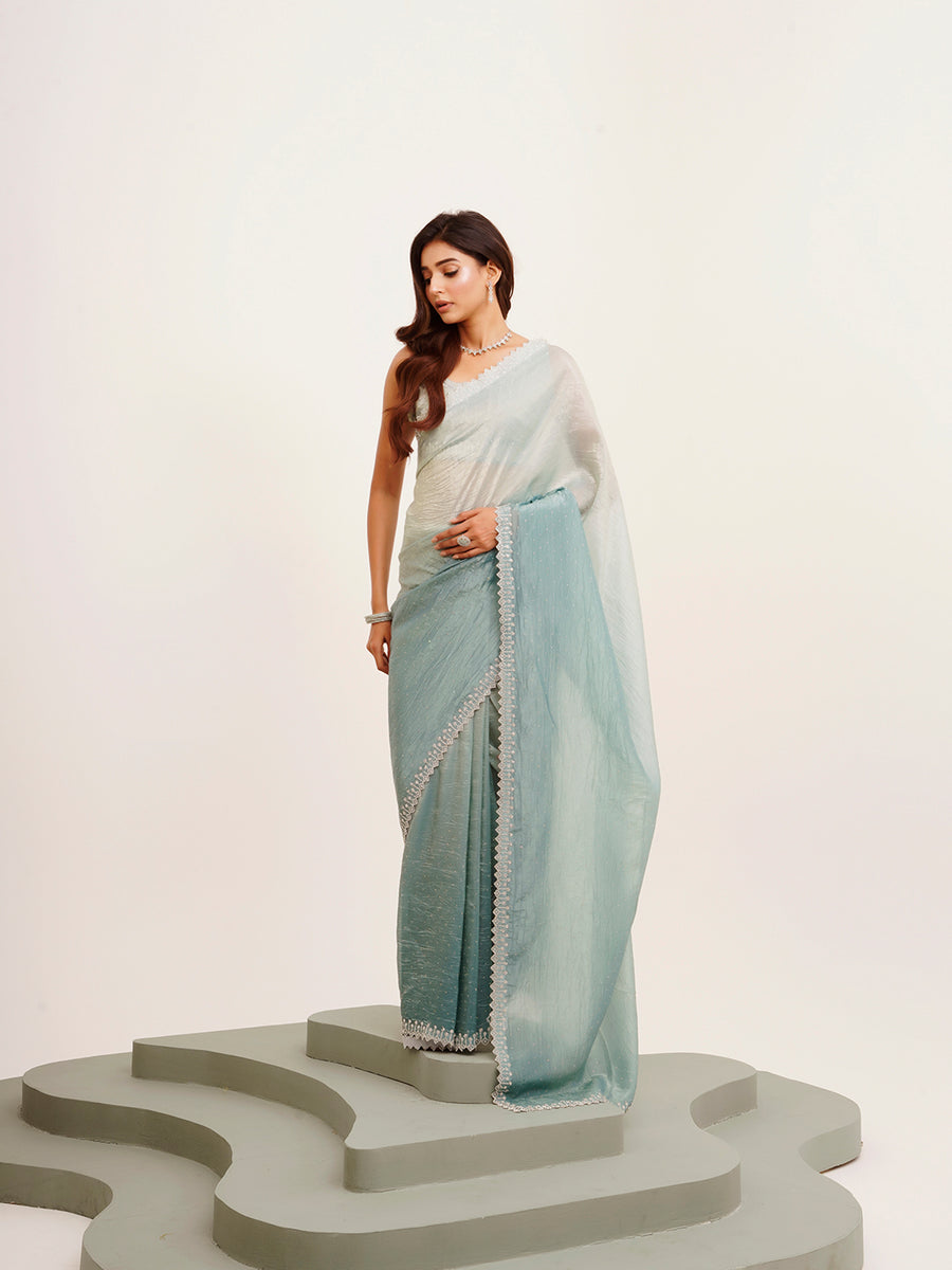 Women's Turquoise Blue Tissue Embellished Saree – Trendia