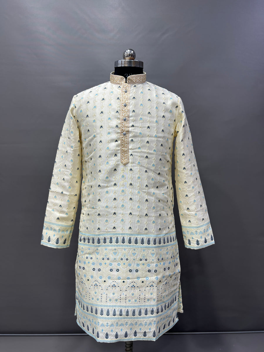 Men's Off White Jecqurd Silk Emboj Work with Daaman Concept Border Kur ...