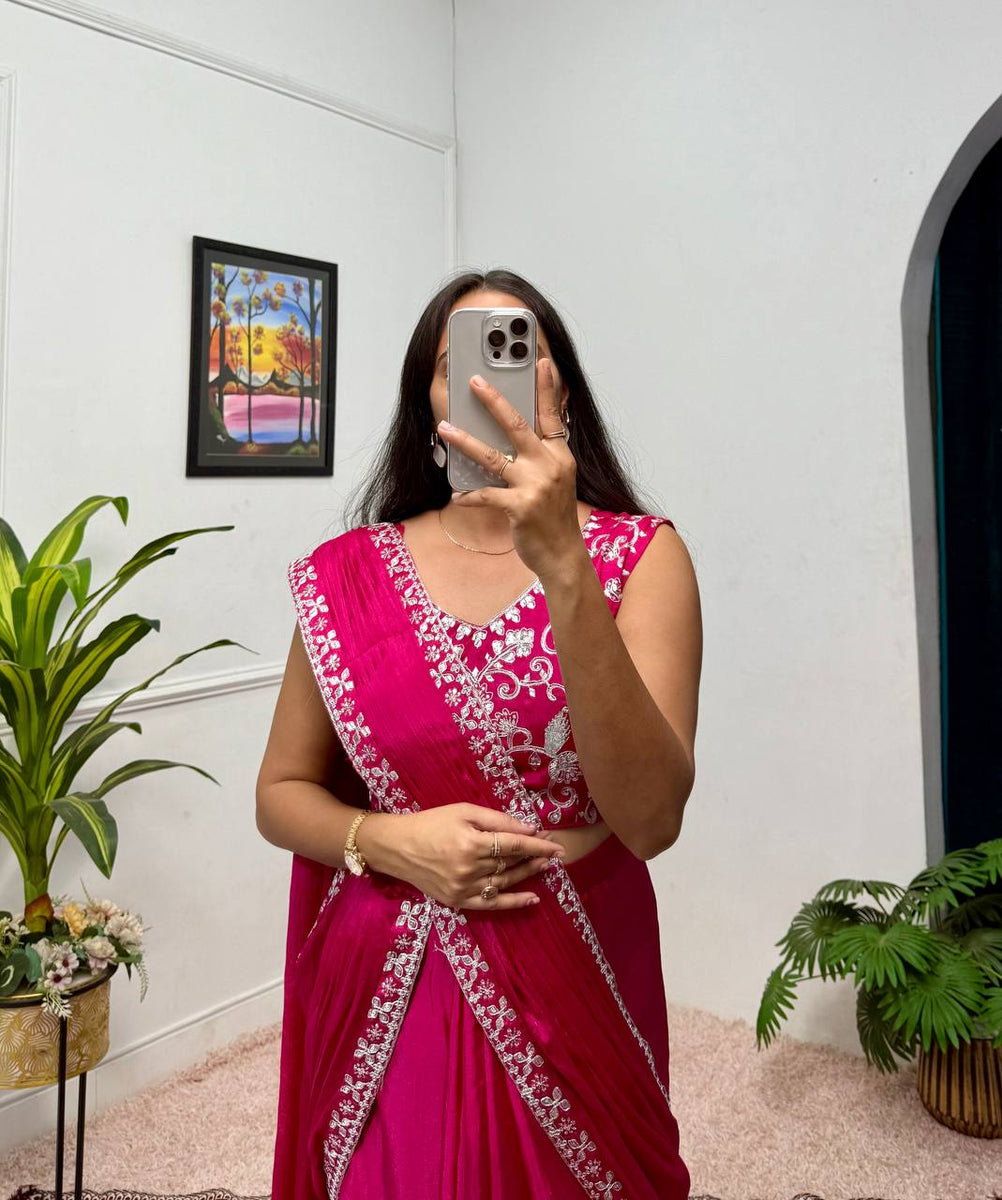 Women's Pink Chinnon Embroidered Ready To Wear Saree – Trendia