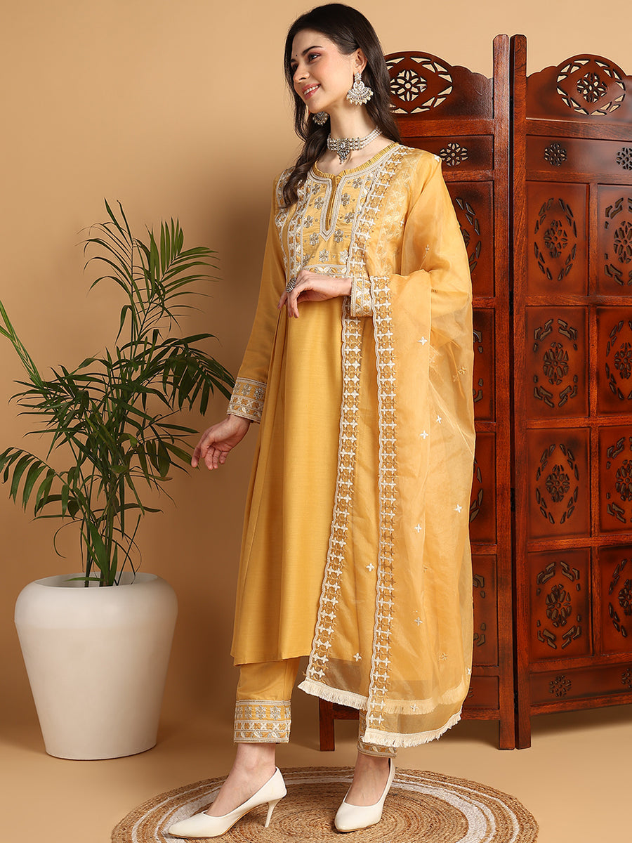 Women's Yellow Silk Blend Embroidered A-Line Kurta Pant Set With Dupat ...