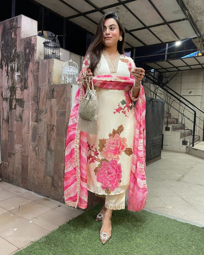 Women's Multi Poly Silk Print With Embroidery Lace Kurta Set – Trendia