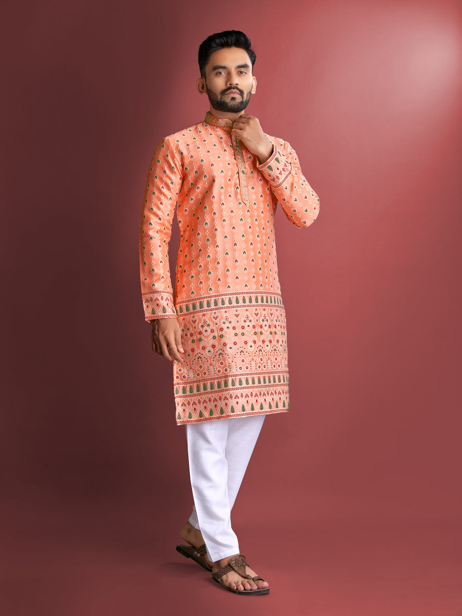 Men's Peach Jecqurd Silk Emboj Work with Daaman Concept Border Kurta S ...