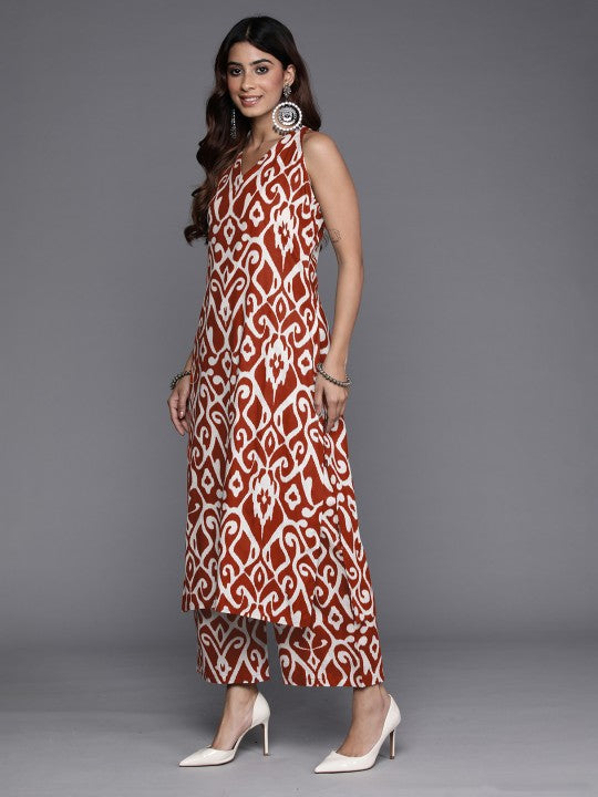 Women's Red Ikat Printed Straight Kurta With Palazzo – Trendia