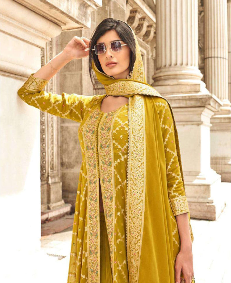 Women's Trendy Yellow Banasi Silk Front Slit Anarkali Suit Party Wear ...