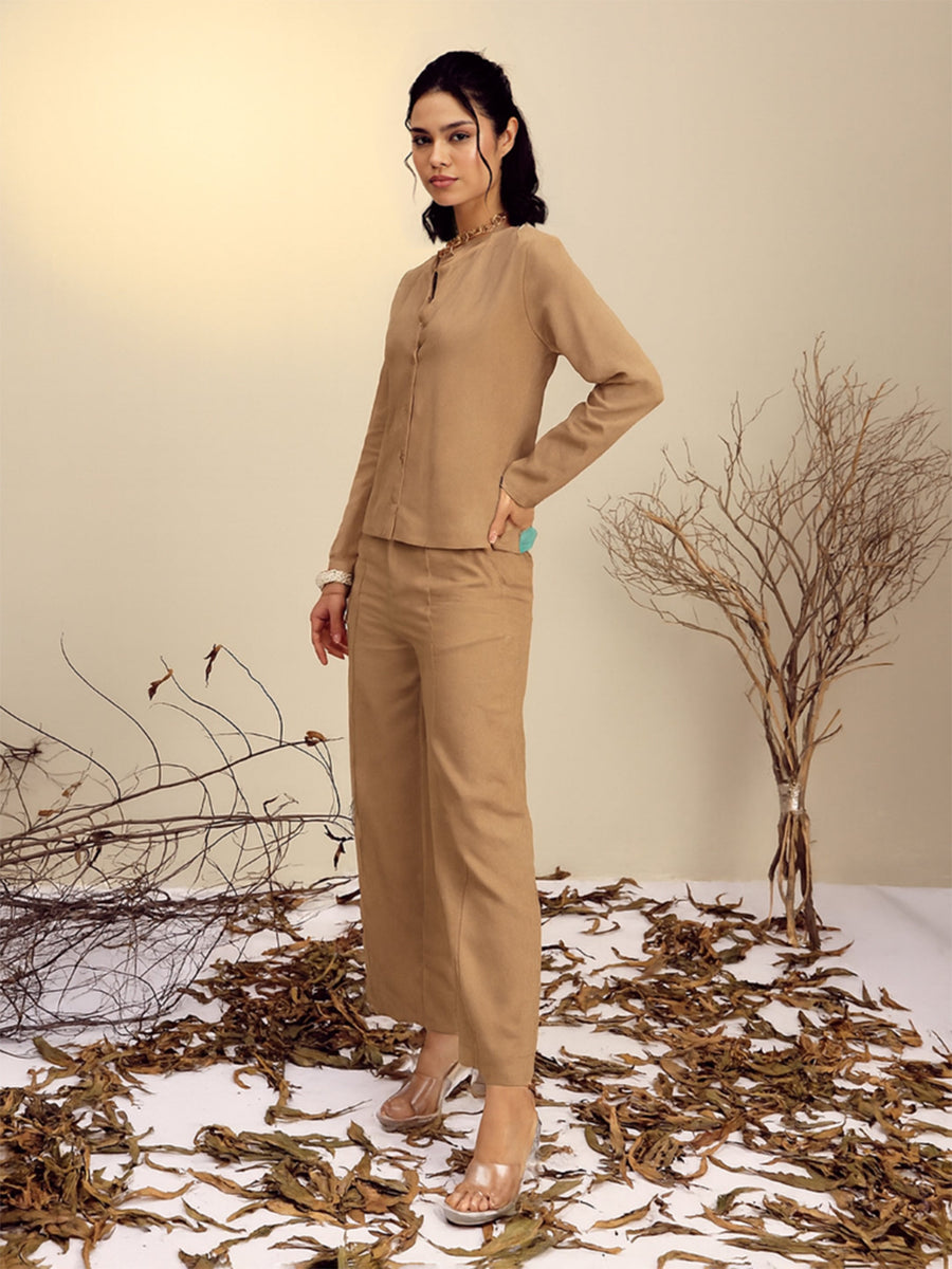 Women's Beige Full Sleeves Top With Mom Fit Pants – Trendia