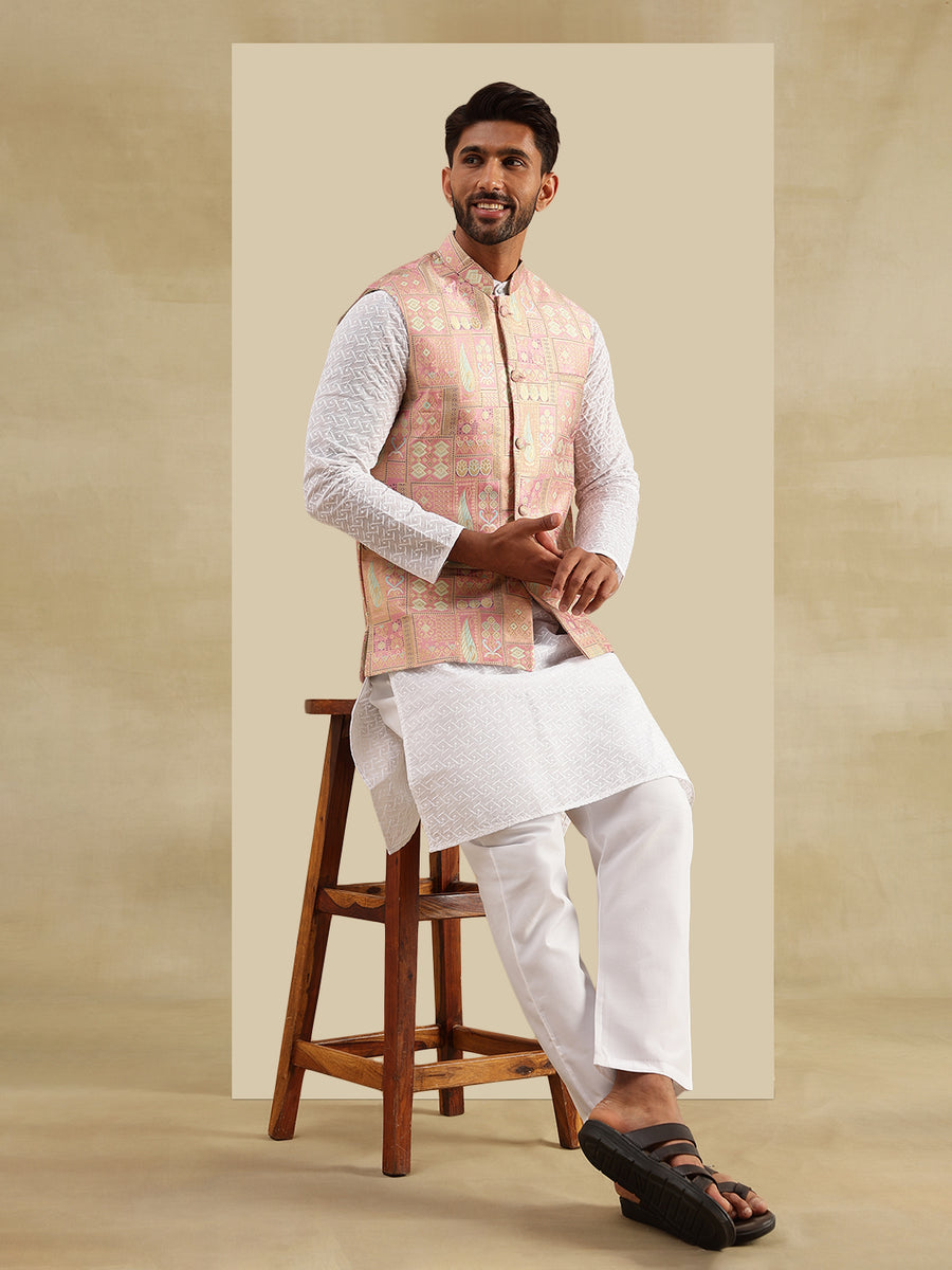 Men's White & Pink Cotton Embroidered Kurta Set – Trendia