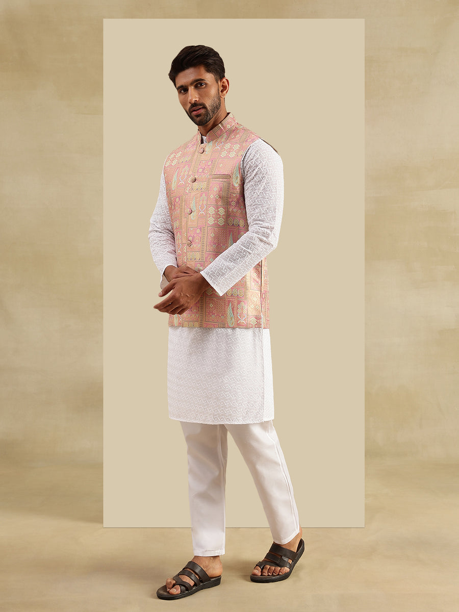 Men's White & Pink Cotton Embroidered Kurta Set – Trendia