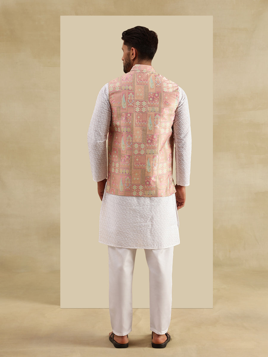 Men's White & Pink Cotton Embroidered Kurta Set – Trendia