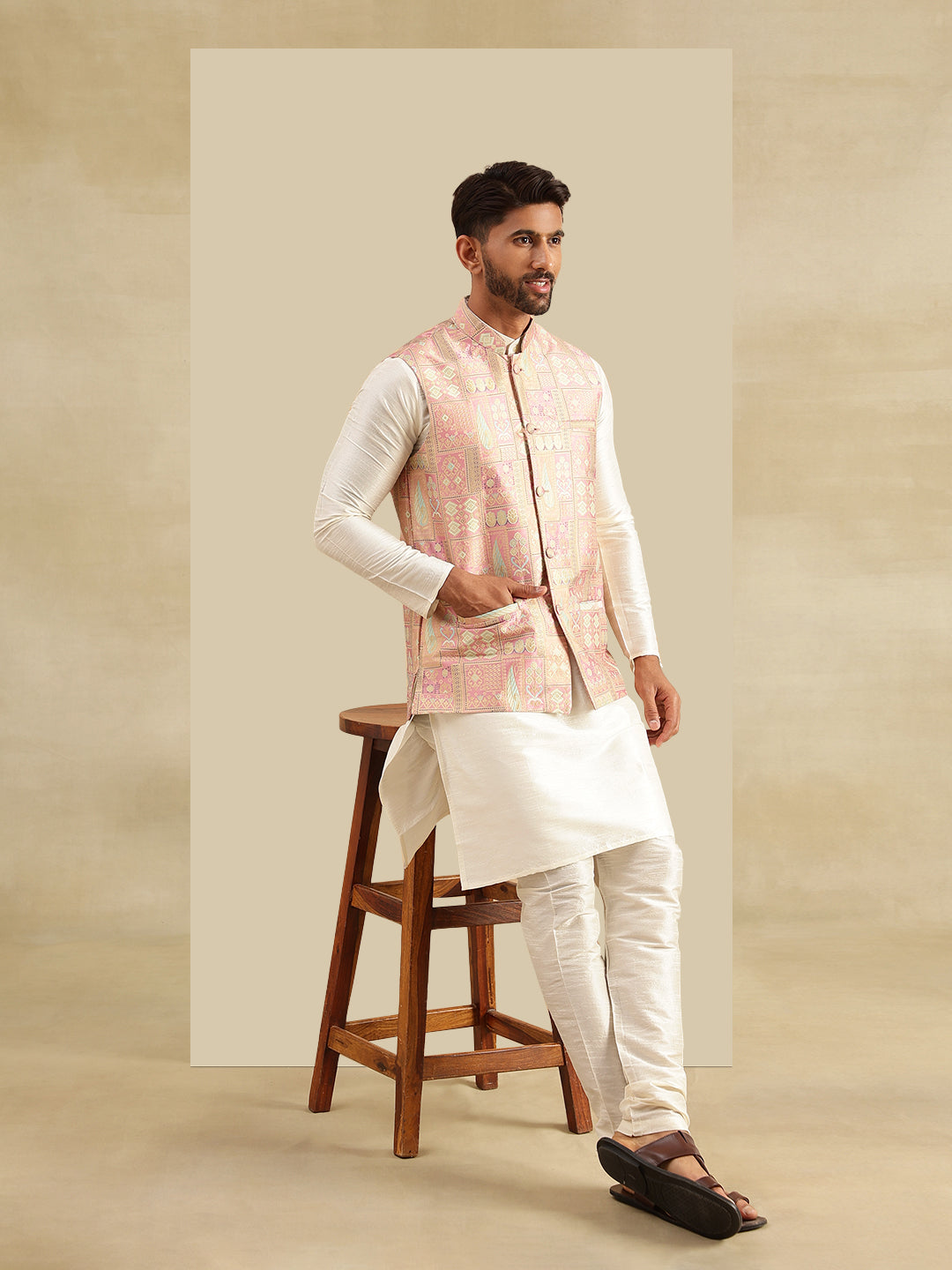 Men's Cream & Pink Silk Blend Solid/Plain Kurta Set – Trendia
