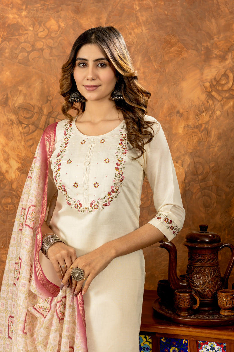 Women's Off White Marina Silk Multi Embroidered Thread With Hand Work ...