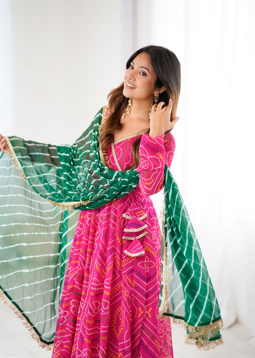 Women's Hot Pink Bandhani Anarkali Kurta With Dupatta – Trendia