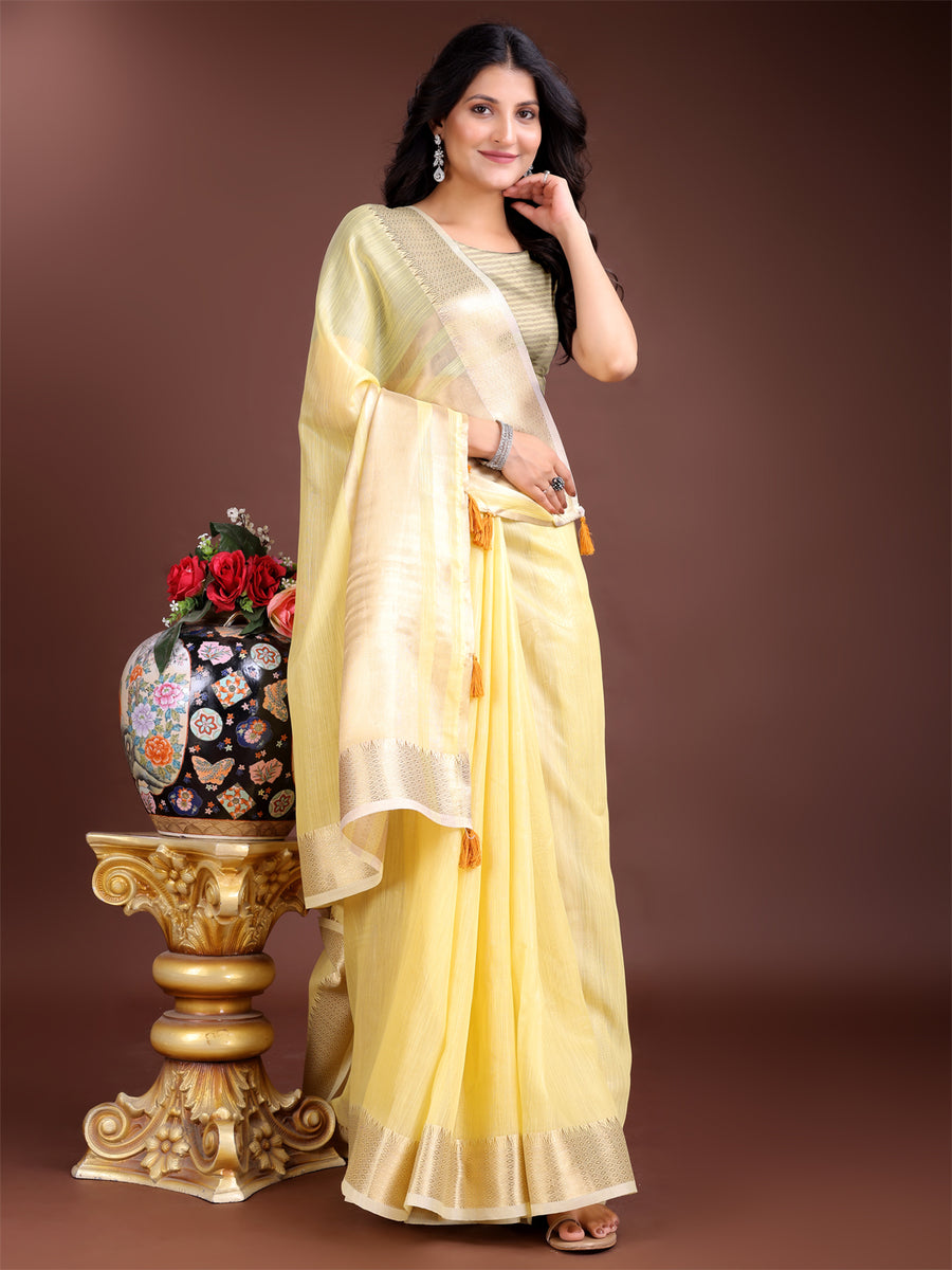 Women's Yellow Cotton Woven Zari Work Traditional Tassel Saree – Trendia