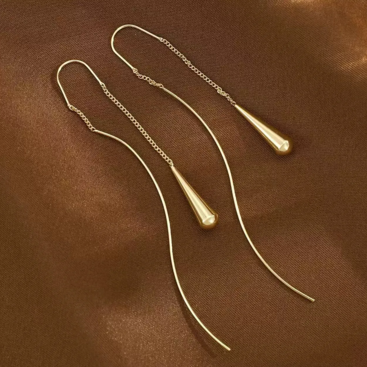 Women's Minimalist Long Drop Chain Earrings With Gold Plated Finish ...