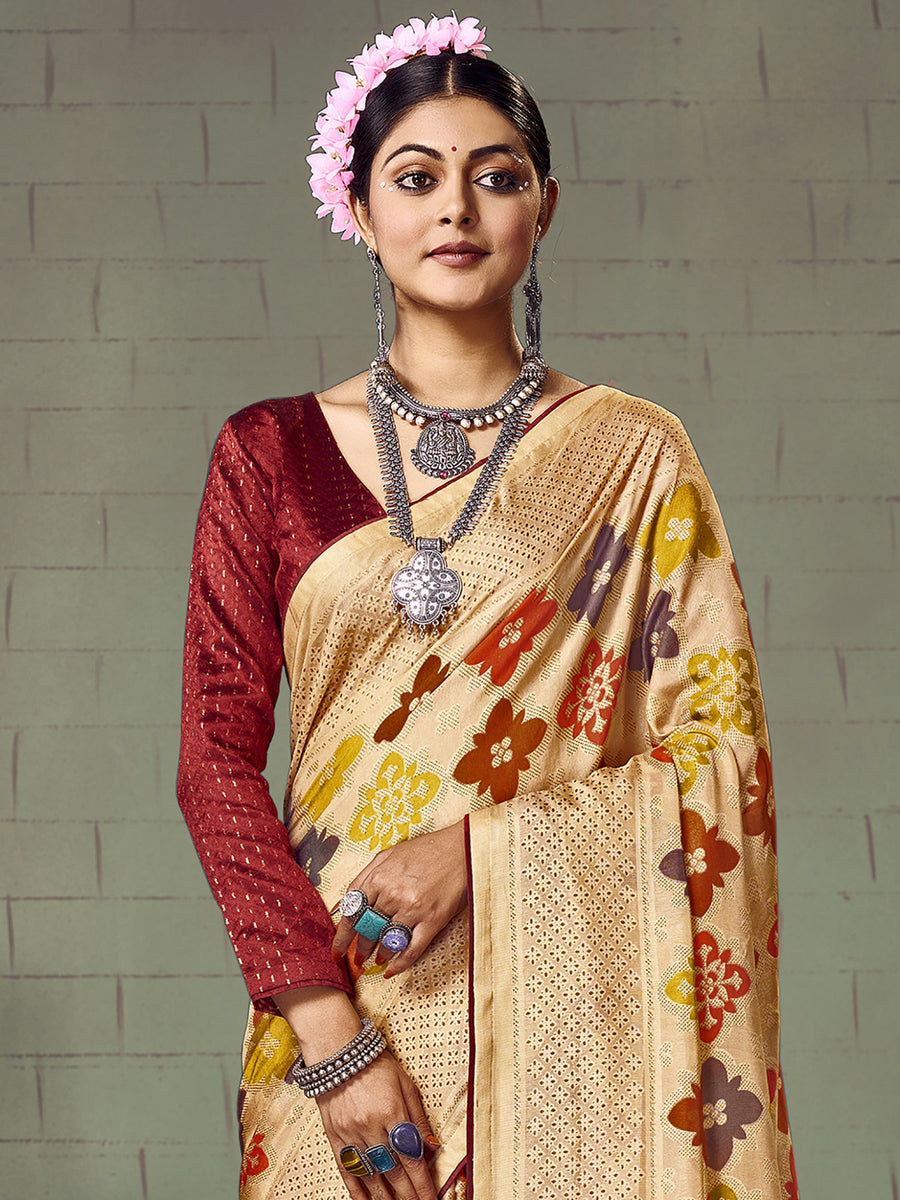 Women's Brasso Cream Printed Designer Saree With Blouse Piece - Saree ...