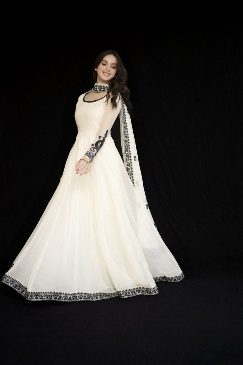 Women's Cotton Silk White Embroidered Round Neck Anarkali Sets - Zeepk ...